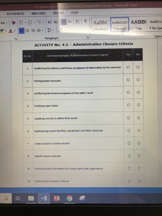 4.5 Administrative Closure Criteria (Compatibility | Chegg.com