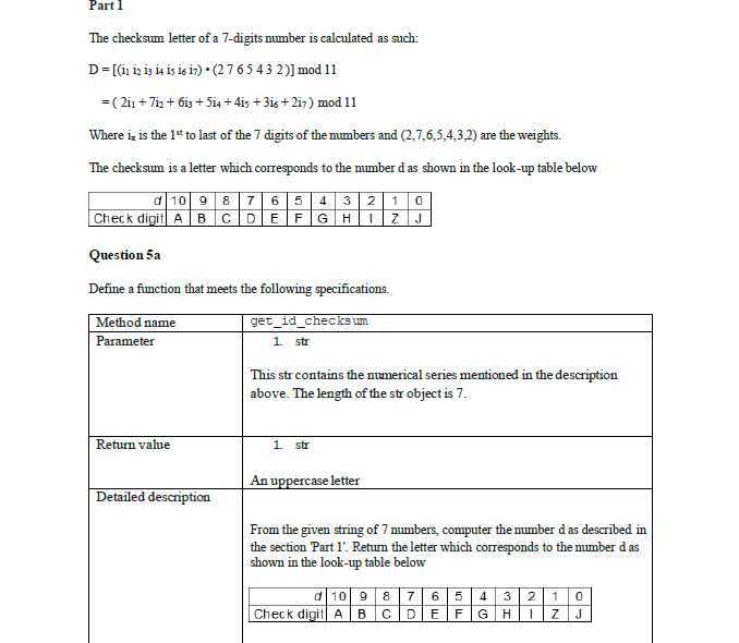 Solved Part 1 The checksum letter of a 7-digits number is | Chegg.com