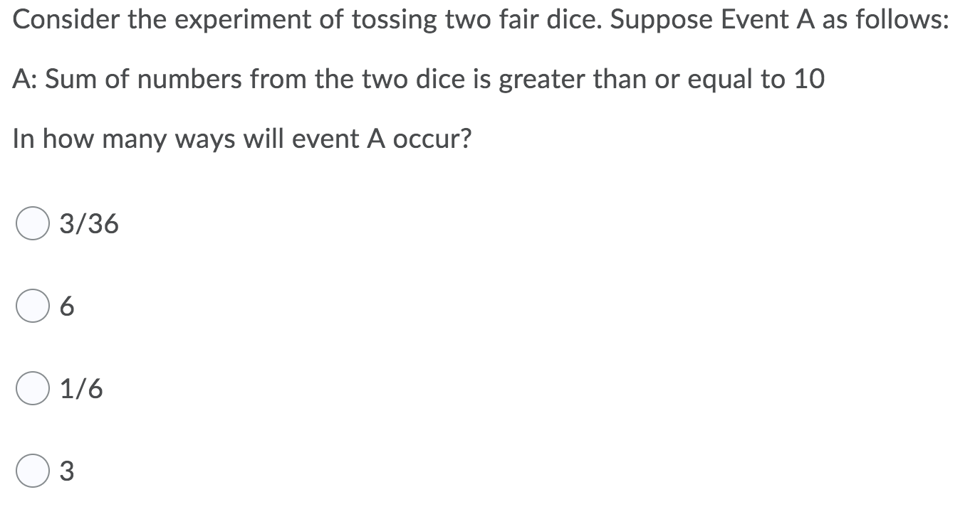 Solved Consider the experiment of tossing two fair dice. | Chegg.com