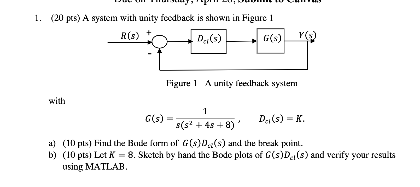 Solved 1. (20 pts) A system with unity feedback is shown in | Chegg.com