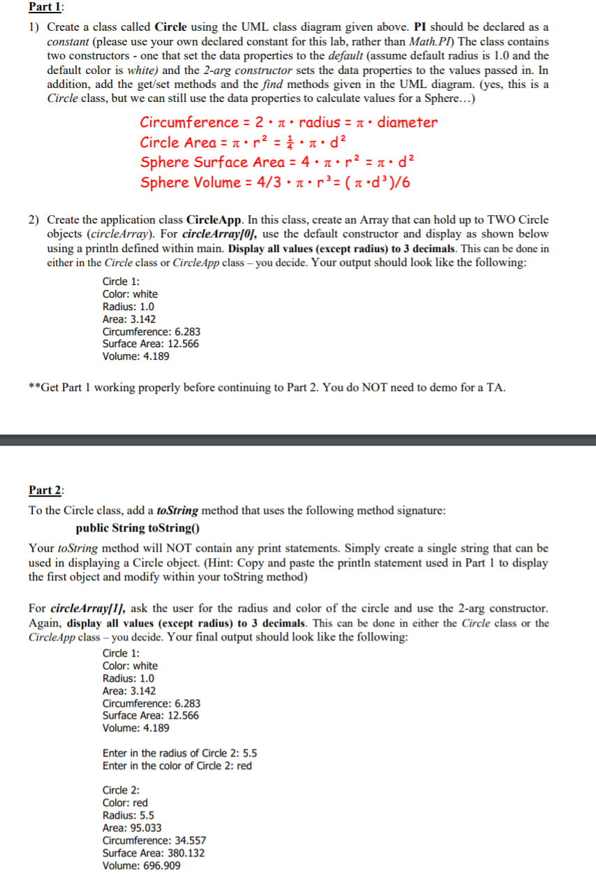 Solved Part 1: 1) Create a class called Circle using the UML | Chegg.com