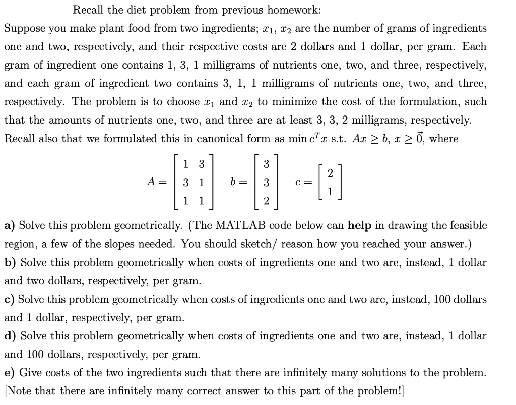 Solved Recall the diet problem from previous homework: | Chegg.com
