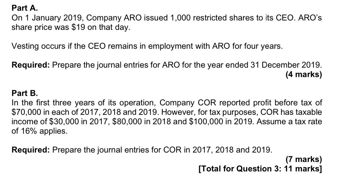 Solved Part A. On 1 January 2019, Company ARO issued 1,000 | Chegg.com