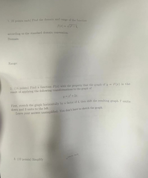 Solved 1. (6 points each) Find the domain and range of the | Chegg.com
