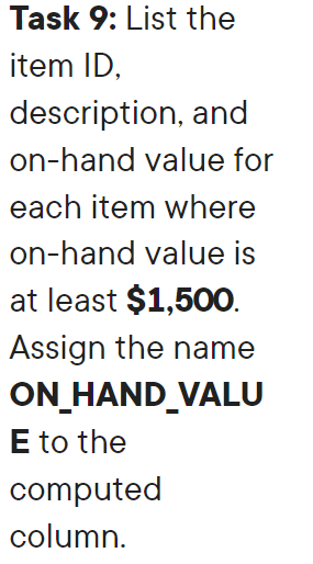 Solved Task 9: List the item ID, description, and on-hand | Chegg.com