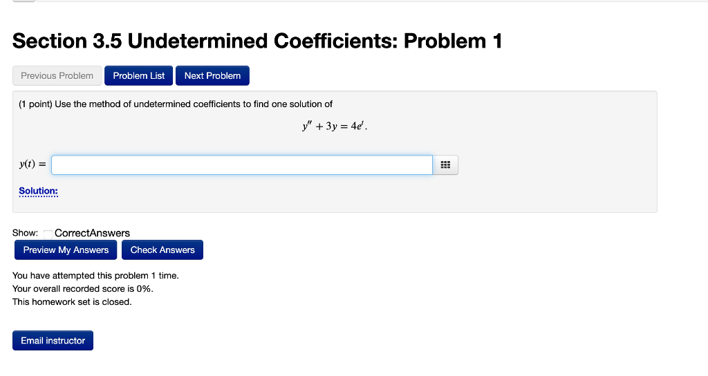 Solved Section 3.5 Undetermined Coefficients: Problem 1 | Chegg.com