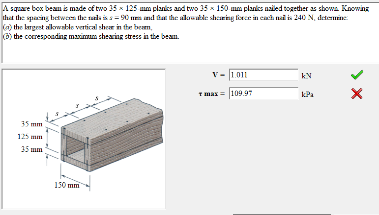 Solved A square box beam is made of two 35×125−mm planks and | Chegg.com