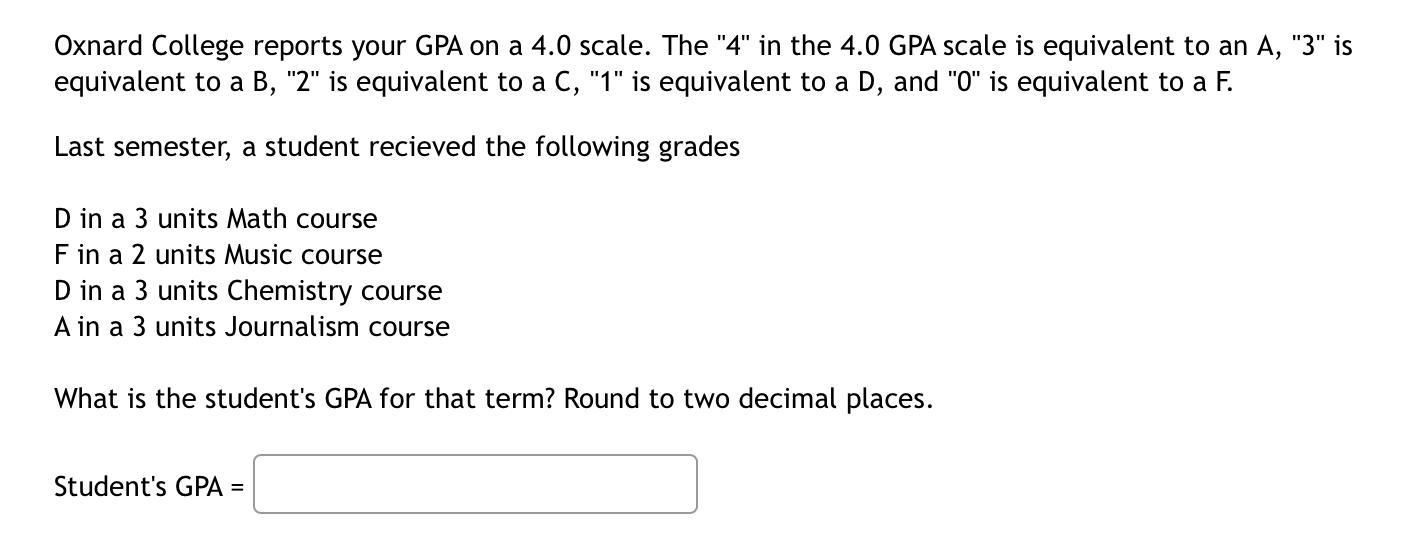 Solved Oxnard College reports your GPA on a 4.0 scale. The | Chegg.com