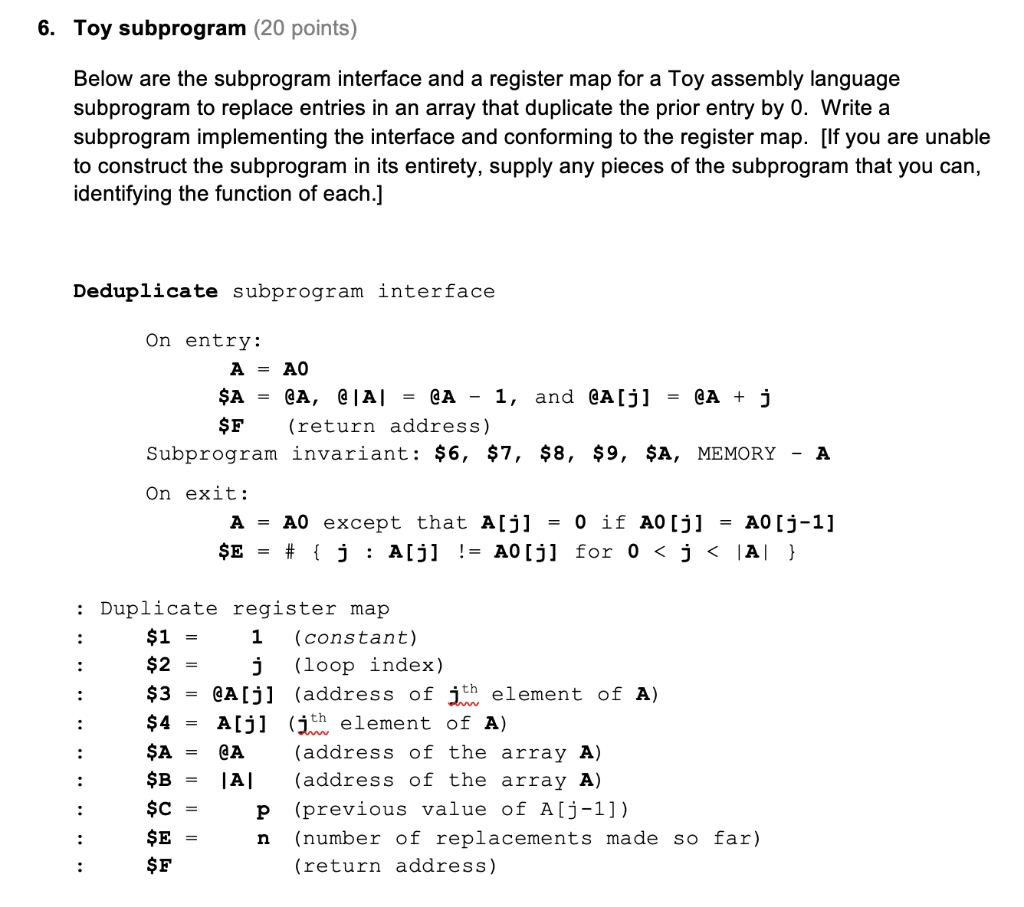 6. Toy subprogram (20 points) Below are the | Chegg.com