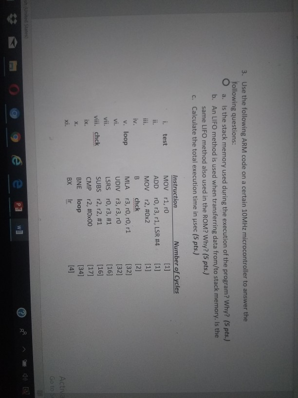 Solved 3. Use the following ARM code on a certain 10MHz | Chegg.com