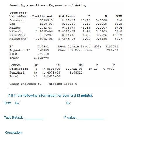 Solved Least squares Linear Regression of Asking Predictor | Chegg.com