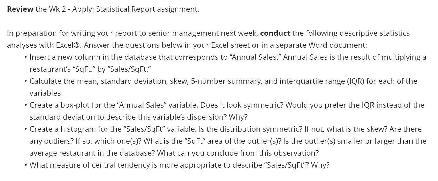 Solved Review the Wk 2 - Apply: Statistical Report | Chegg.com