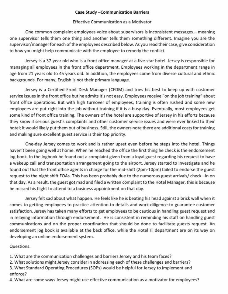 Solved Case Study - Communication Barriers Effective | Chegg.com