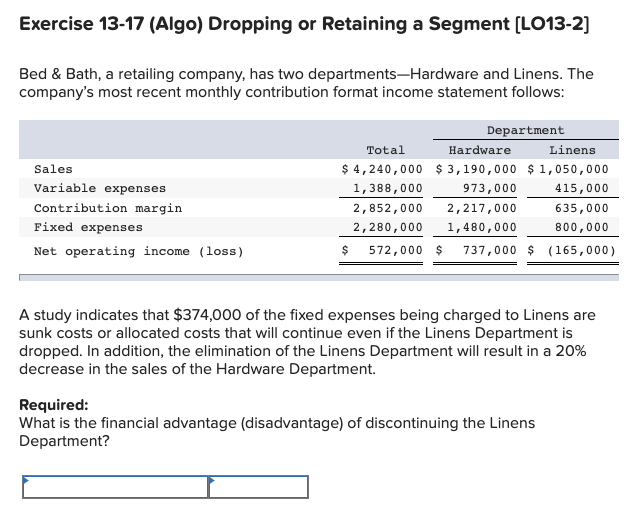 Solved Exercise 13-17 (Algo) Dropping or Retaining a Segment | Chegg.com