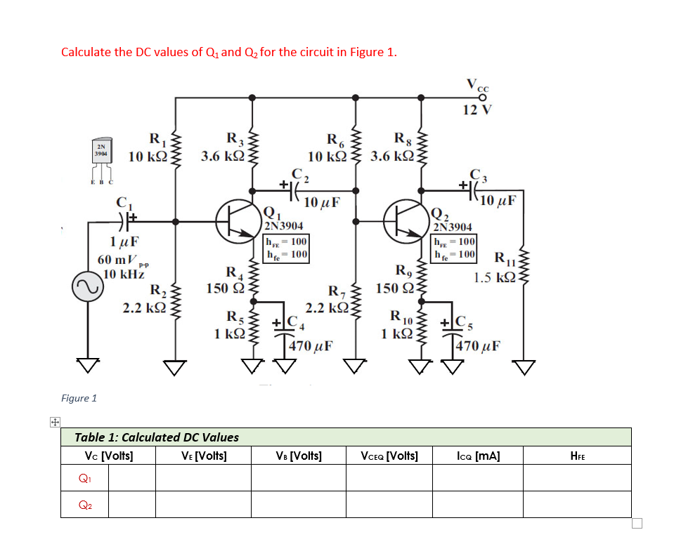 Solved Calculate the DC values of Q₁ and Q₂ for the circuit | Chegg.com