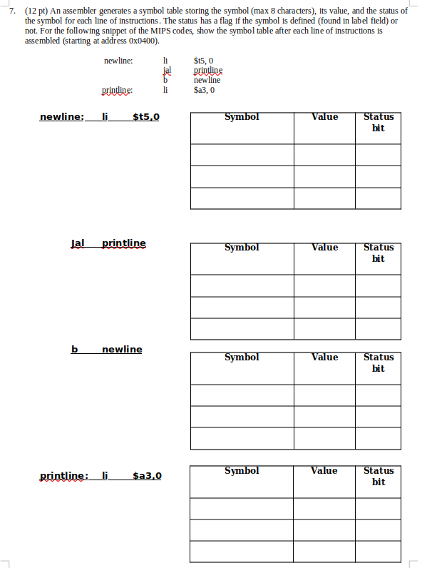 Solved (12 ﻿pt) ﻿An assembler generates a symbol table | Chegg.com