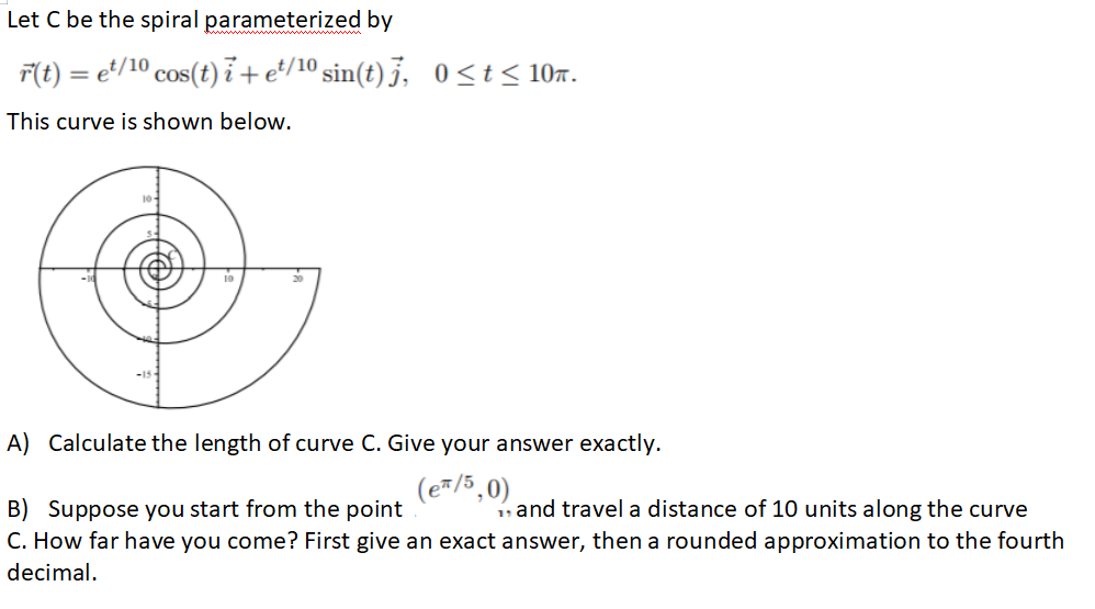 Solved Let C be the spiral parameterized by F(t) = et/10 | Chegg.com
