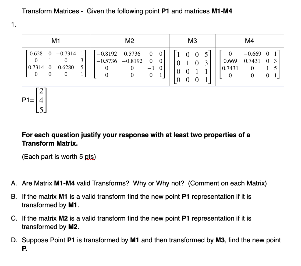 Transform Matrices - Given the following point P1 and | Chegg.com