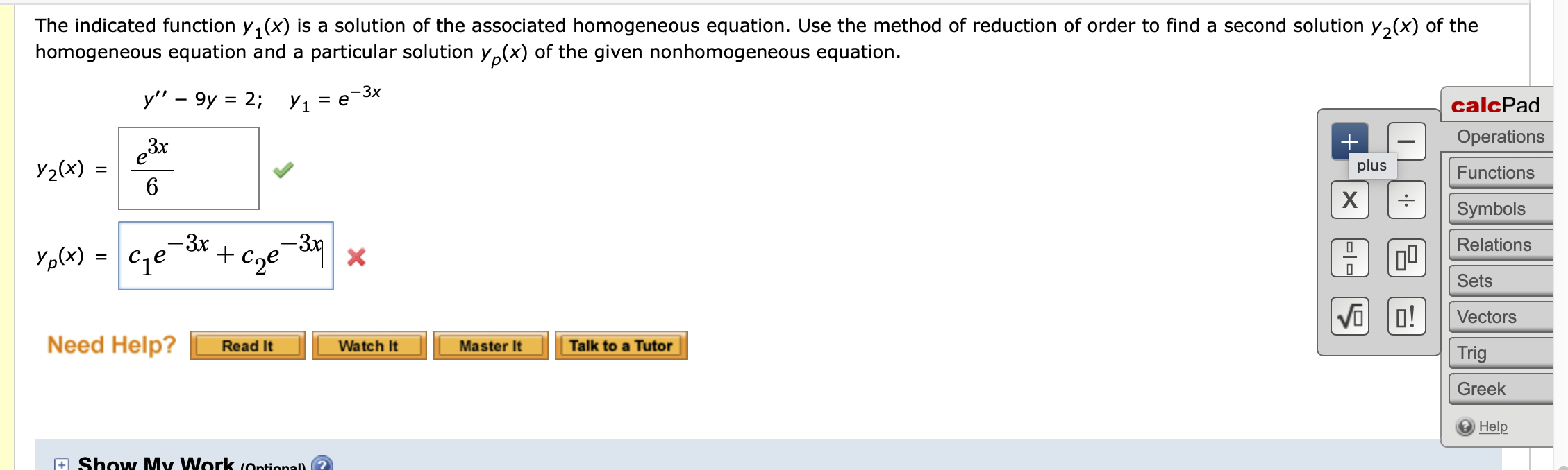 Solved The Indicated Function Y1 x Is A Solution Of The Chegg