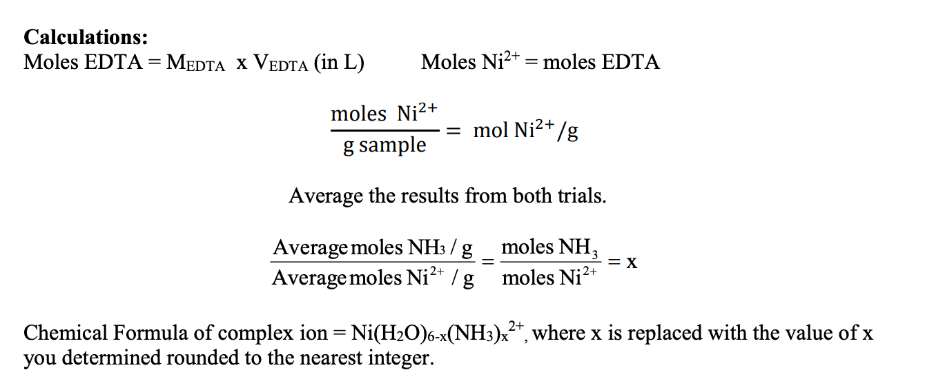 Solved Calculations: Moles EDTA = MEDTA X VEDta (in L) Moles | Chegg.com