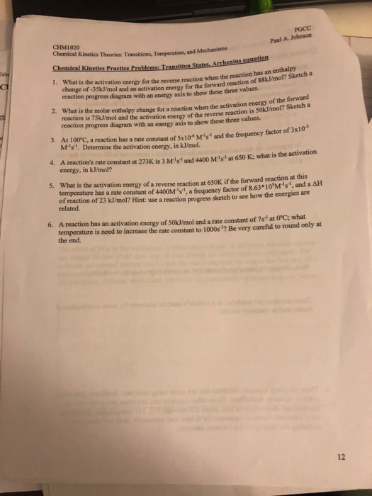 Solved PGCC Paul A. Johnson CHM 1020 Chemical Kineties | Chegg.com