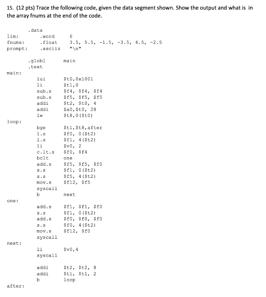 Solved 15. (12 pts) Trace the following code, given the data | Chegg.com