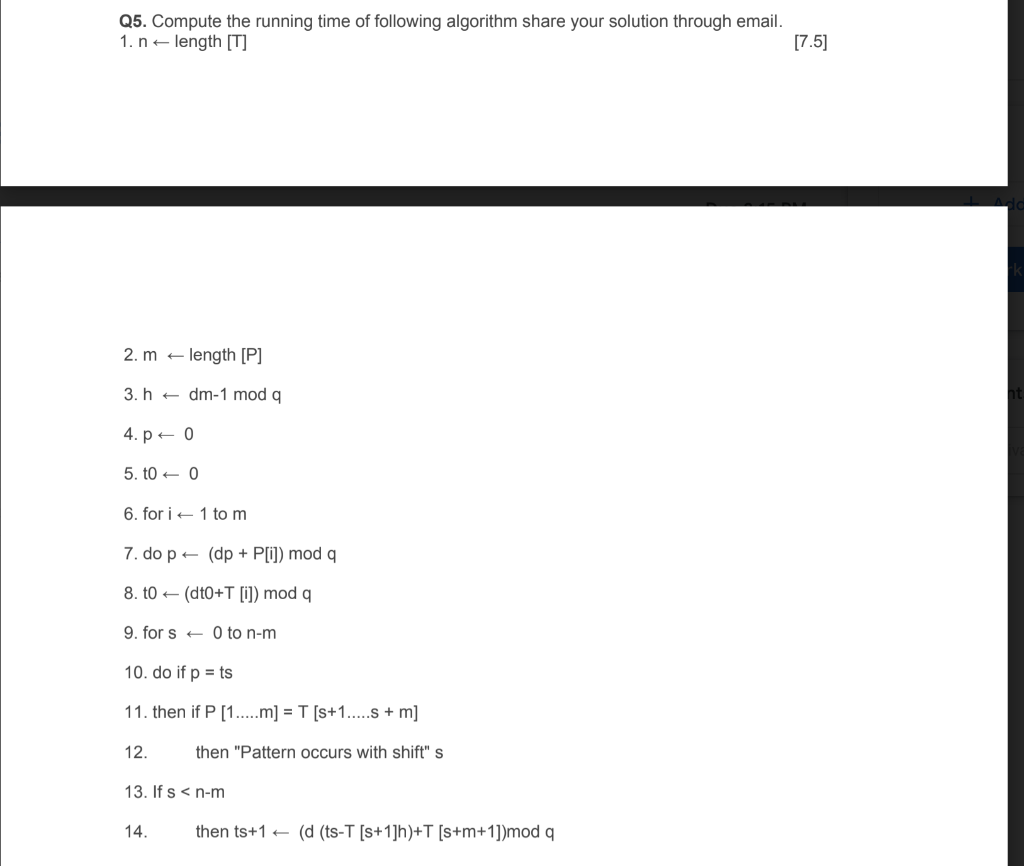 Solved Q5. Compute the running time of following algorithm | Chegg.com