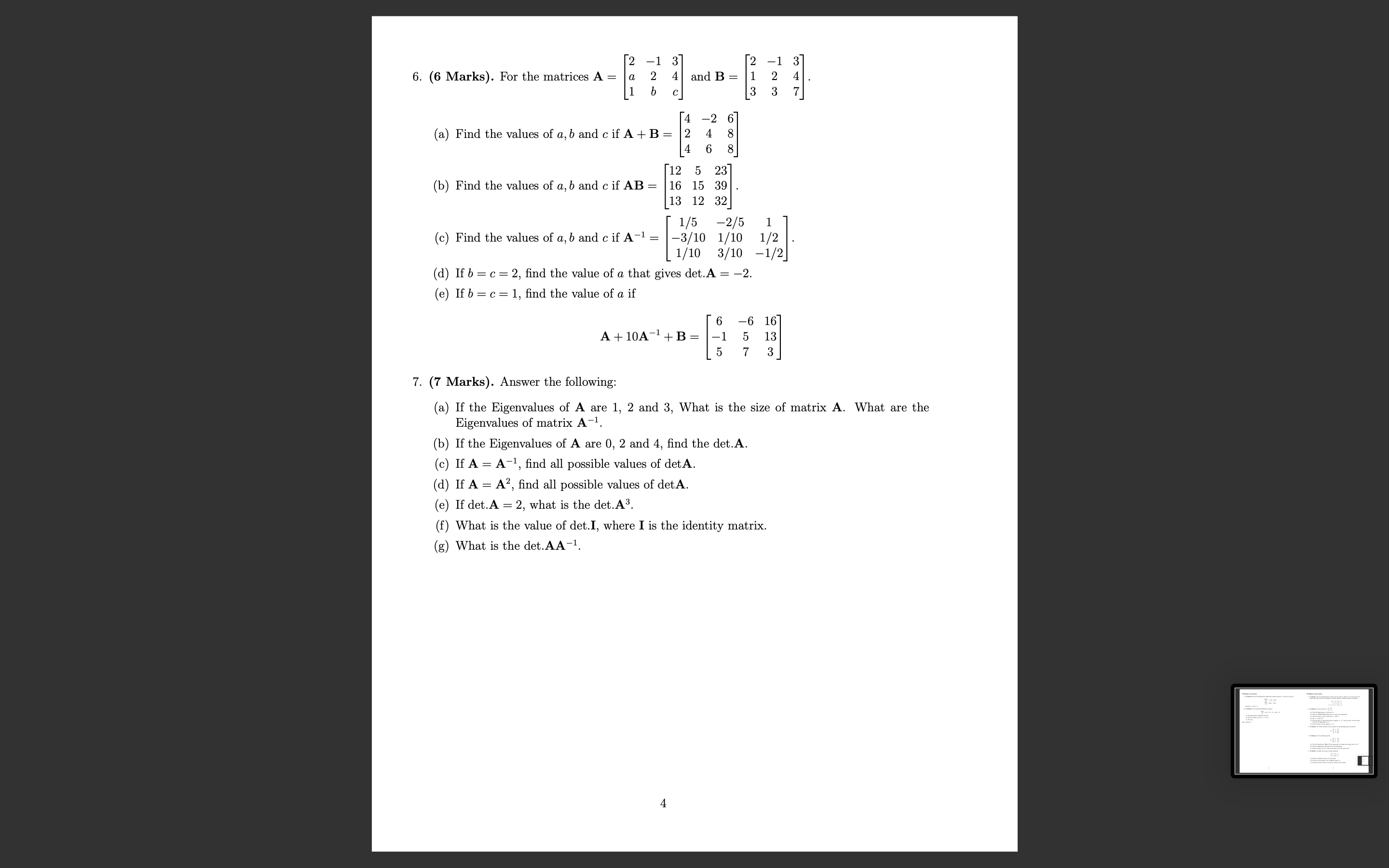 Solved 6. (6 Marks). For the matrices A=⎣⎡2a1−12b34c⎦⎤ and | Chegg.com