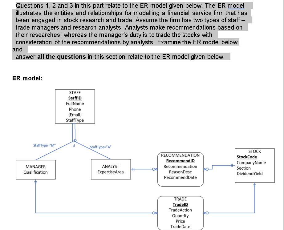 Solved Questions 1, 2 and 3 in this part relate to the ER | Chegg.com