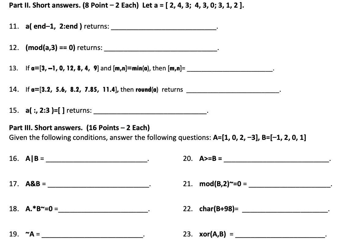 Solved Part I. True or False. Circle one. (20 Points – 2 | Chegg.com