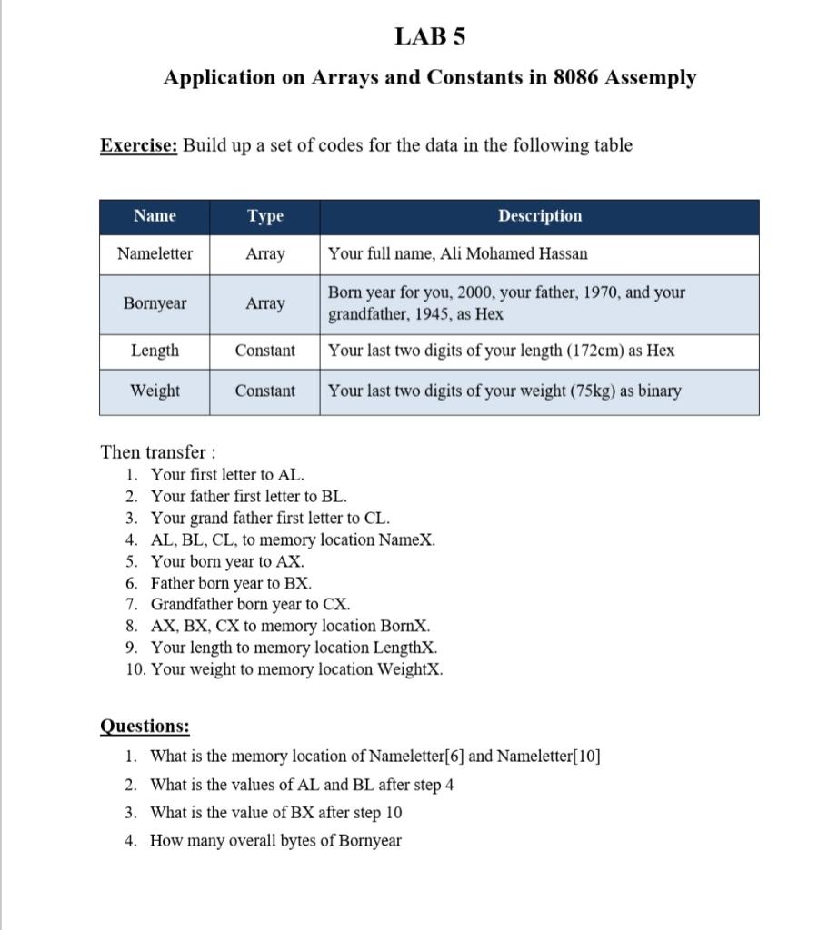 Solved LAB 5 Application on Arrays and Constants in 8086 | Chegg.com