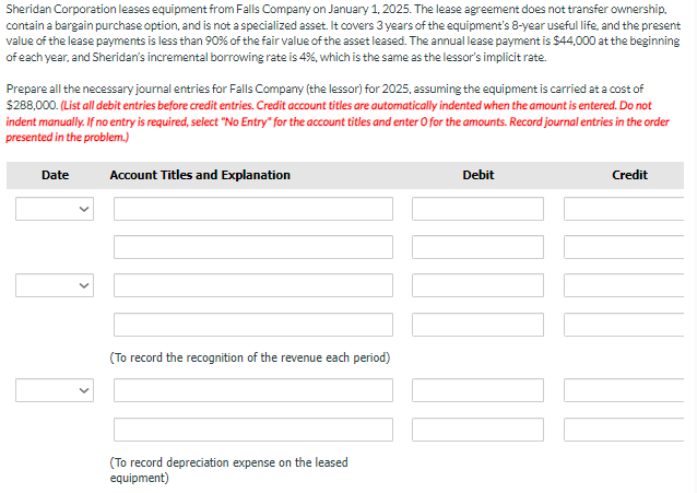 Solved Sheridan Corporation leases equipment from Falls | Chegg.com