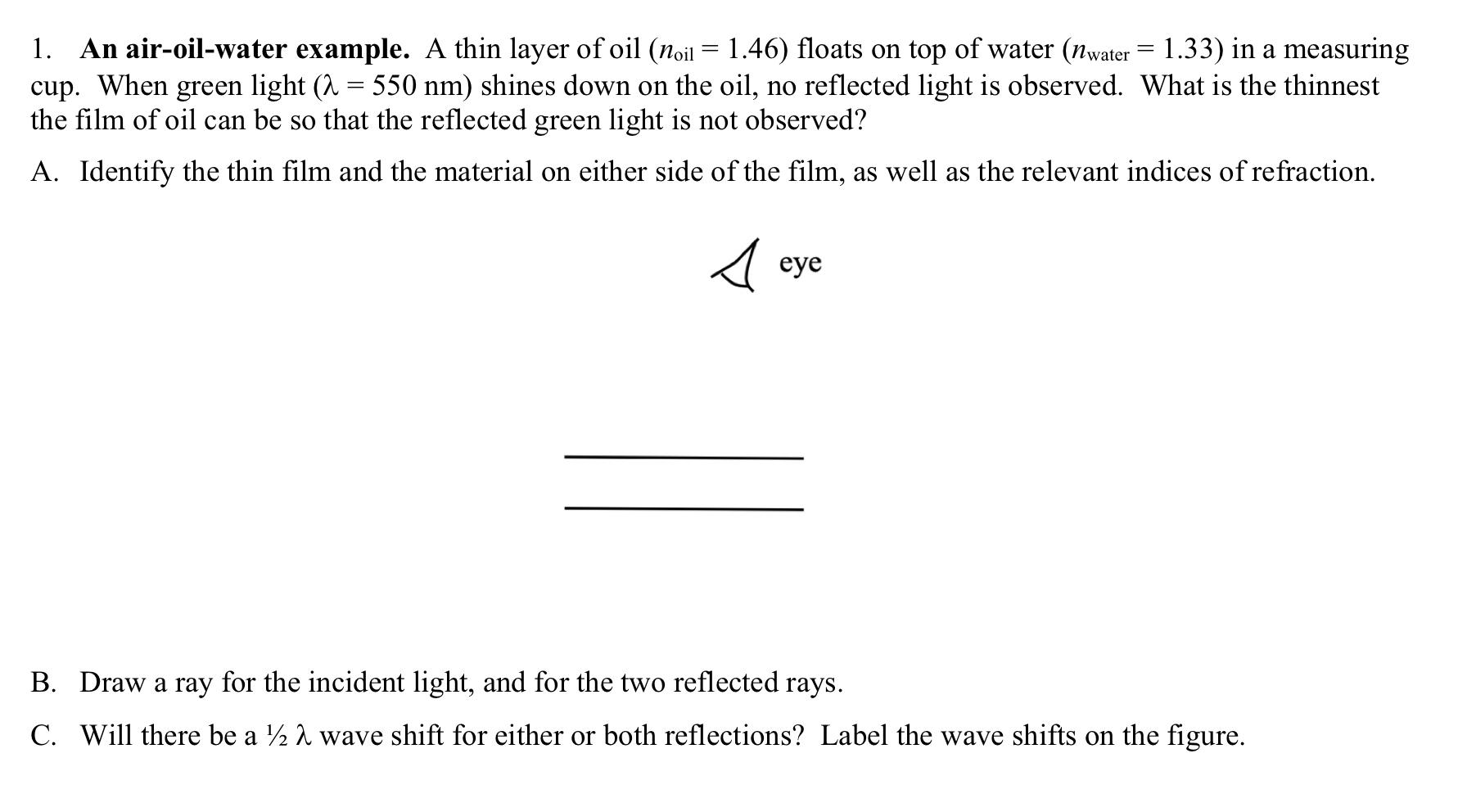 Solved 1. An air-oil-water example. A thin layer of oil | Chegg.com