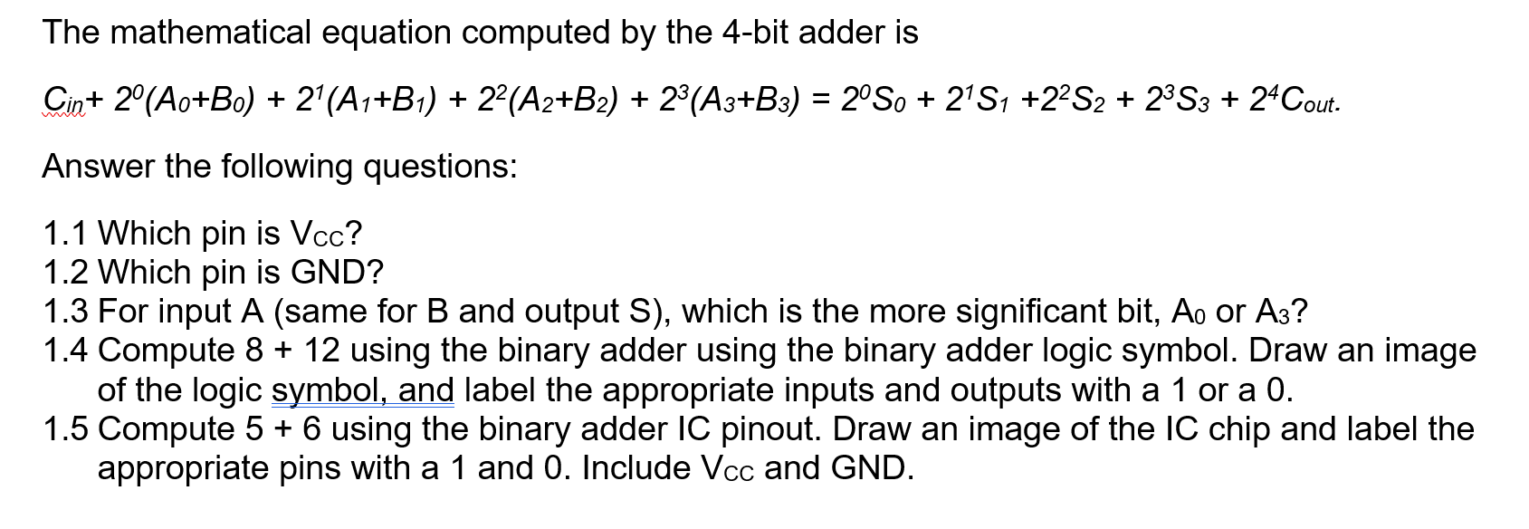 The mathematical equation computed by the 4-bit adder | Chegg.com