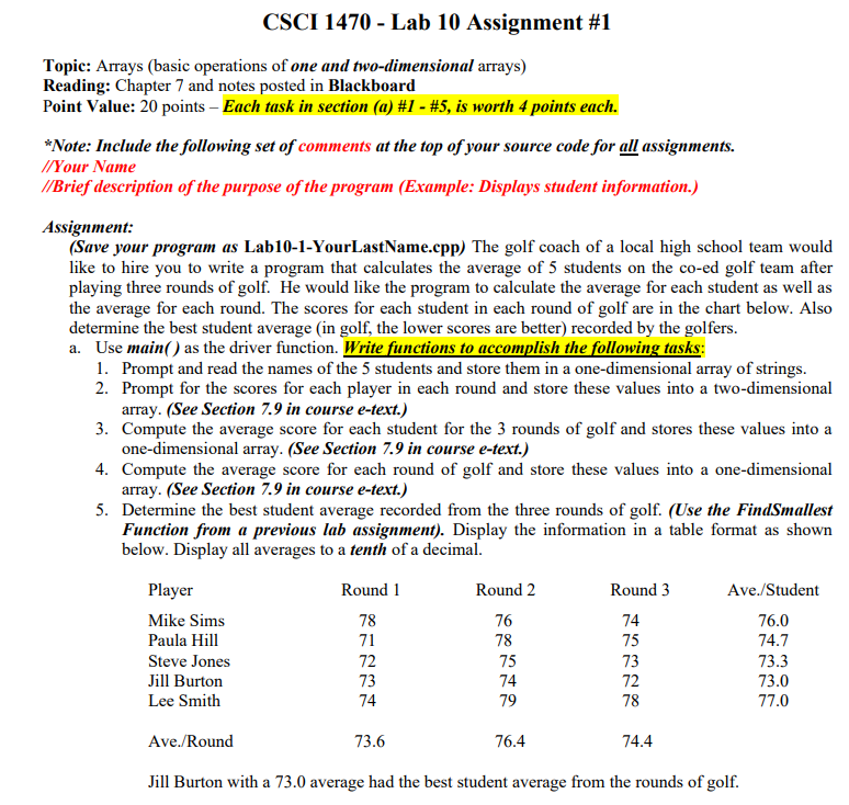 Solved CSCI 1470 - Lab 10 Assignment #1 Topic: Arrays (basic | Chegg.com