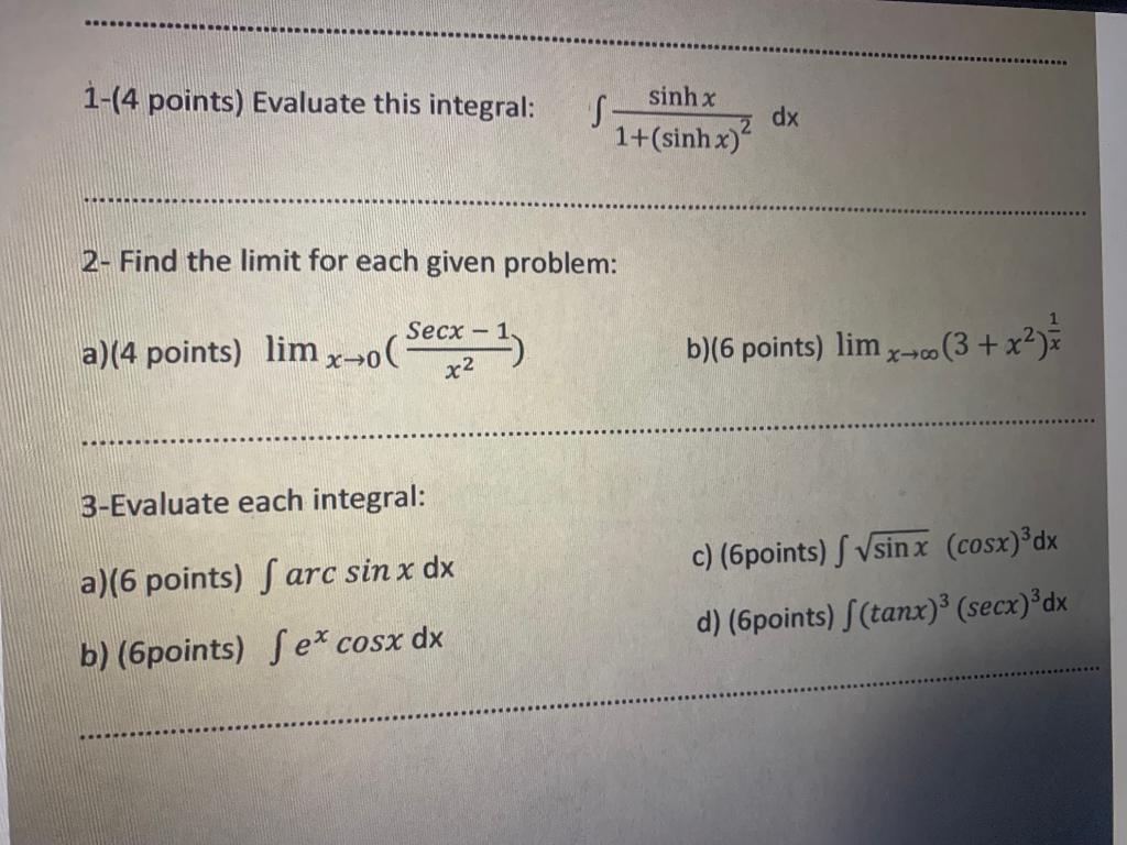 Solved 1-(4 points) Evaluate this integral: s sinhx 1+(sinh | Chegg.com