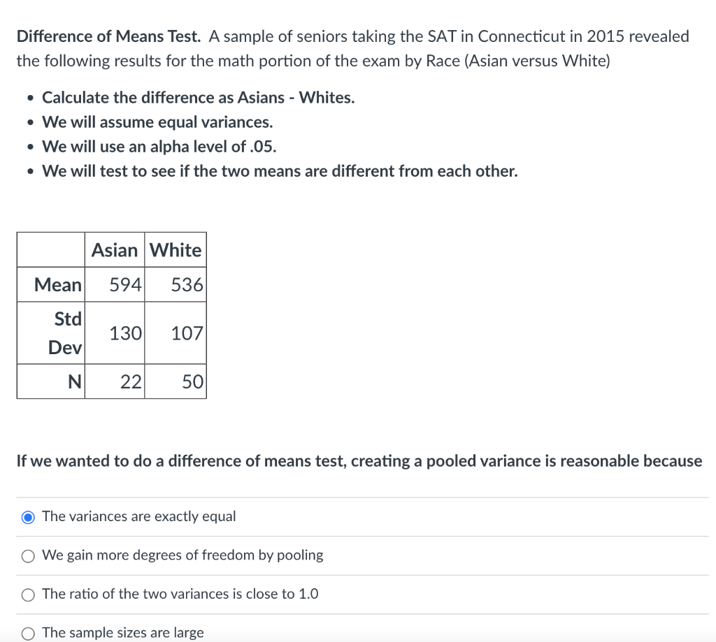 Solved Difference of Means Test. A sample of seniors taking | Chegg.com
