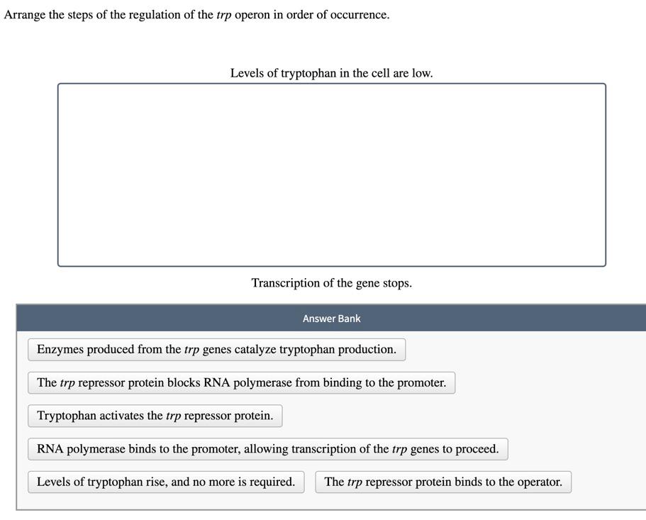 Solved Arrange the steps of the regulation of the trp operon | Chegg.com