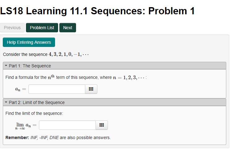 Solved LS18 Learning 11.1 Sequences: Problem 1 Previous | Chegg.com