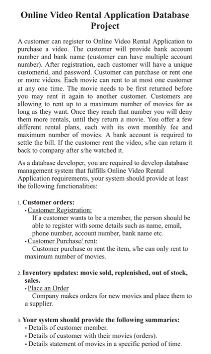Solved Online Video Rental Application Database Project A | Chegg.com
