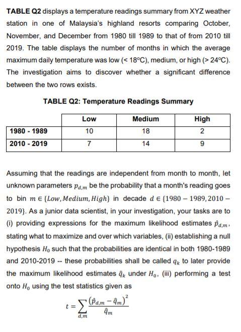 Solved TABLE Q2 displays a temperature readings summary from | Chegg.com