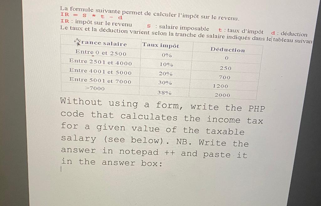 Solved d La formule suivante permet de calculer l'impôt sur | Chegg.com