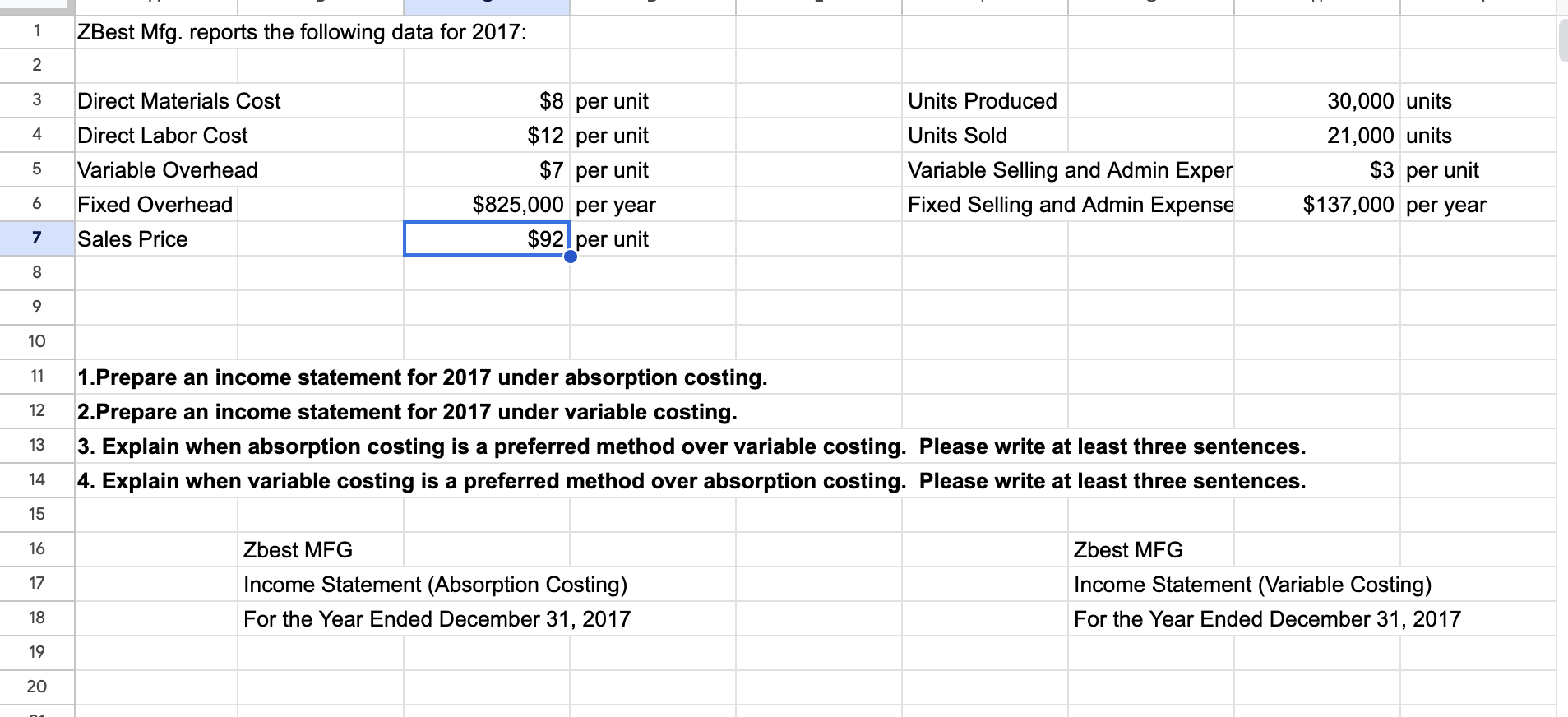 Solved ZBest Mfg. ﻿reports the following data for 2017: | Chegg.com