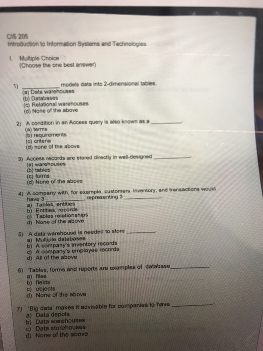 Solved CIS 205 Introduction to Information Systems and | Chegg.com