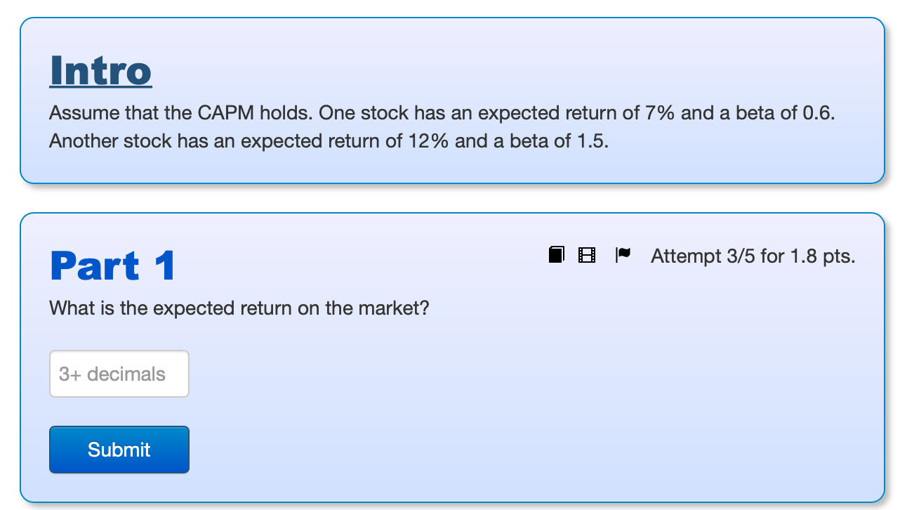 Solved intro Assume that the CAPM holds. One stock has an | Chegg.com