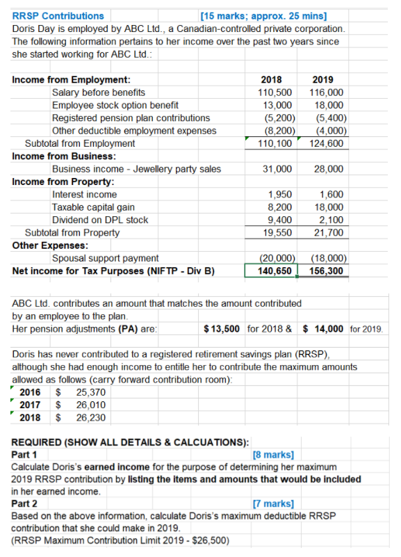 RRSP Contributions [15 marks; approx. 25 mins] Doris | Chegg.com