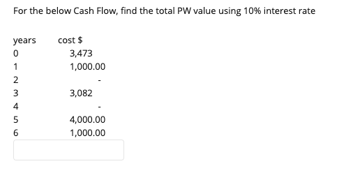 Solved For the below Cash Flow, find the total PW value | Chegg.com