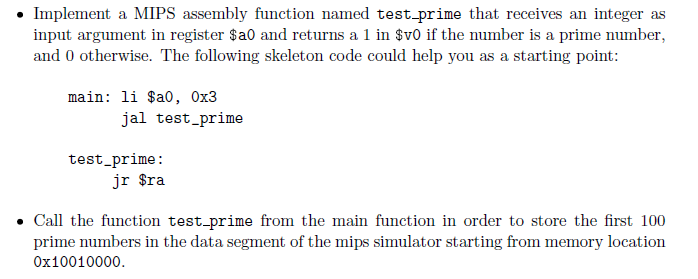Solved • Implement a MIPS assembly function named test-prime | Chegg.com