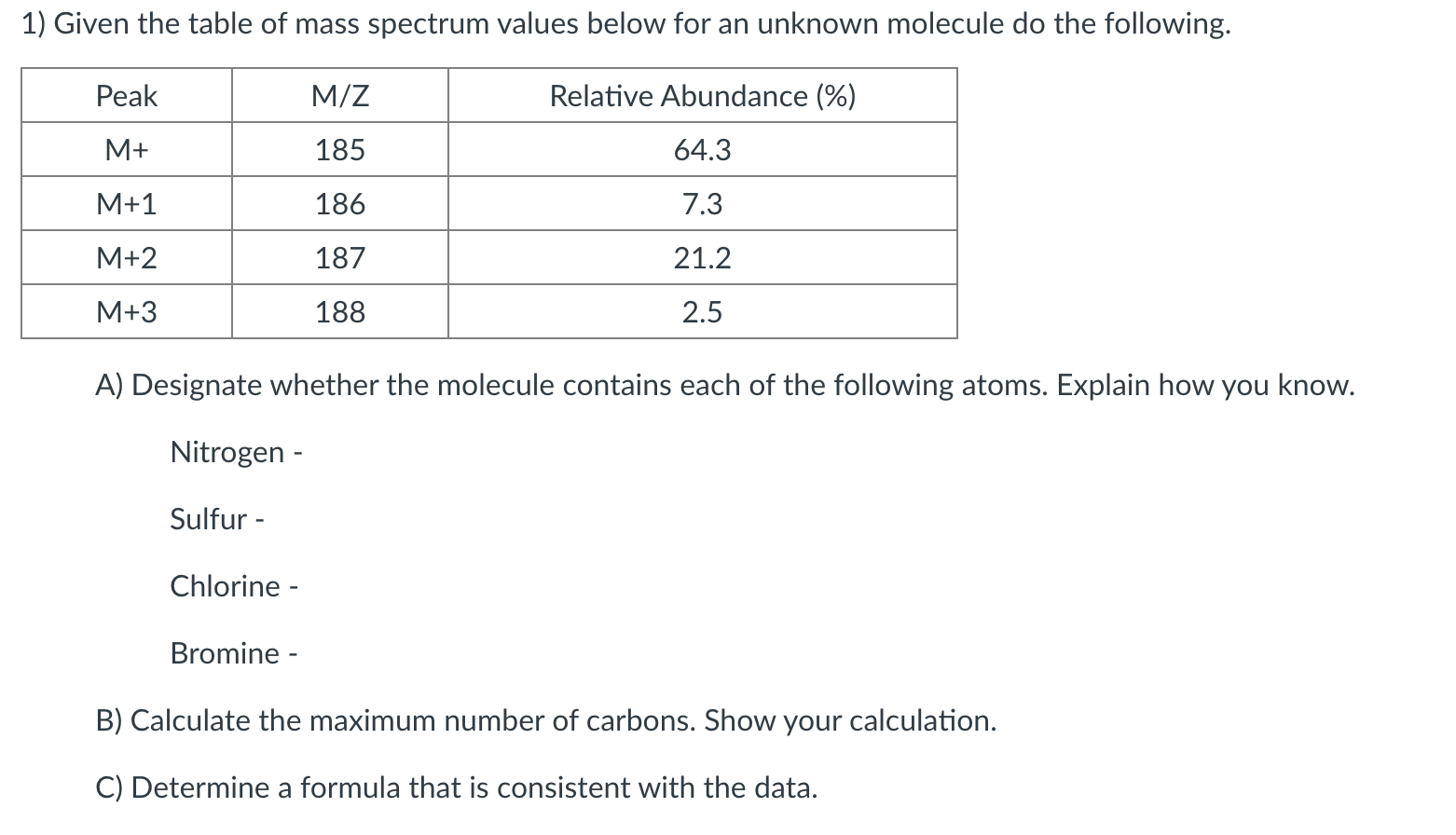 Solved 1) Given the table of mass spectrum values below for | Chegg.com