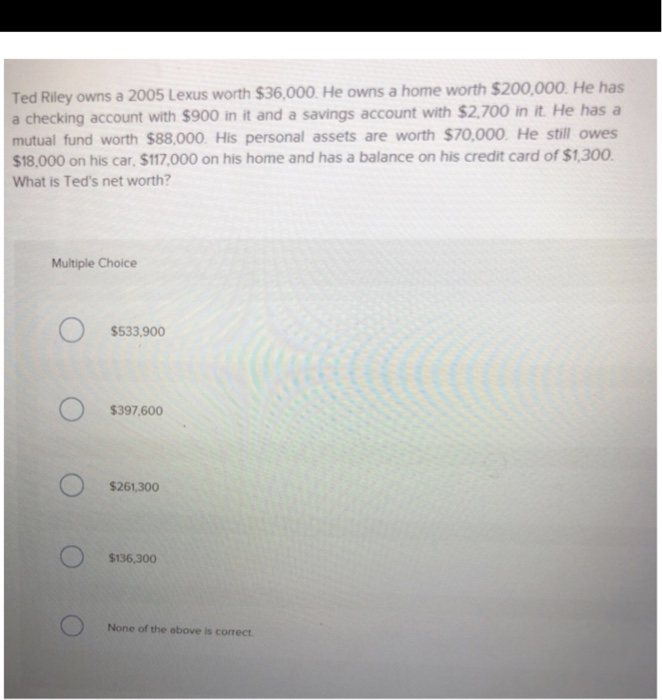 Solved Ted Riley owns a 2005 Lexus worth $36,000. He owns a | Chegg.com